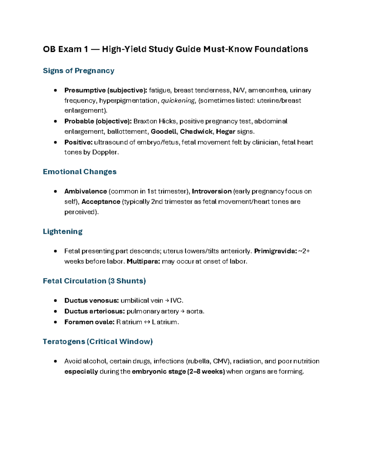 OB Exam 1 Study Guide: Key Concepts and Practice Questions - Studocu