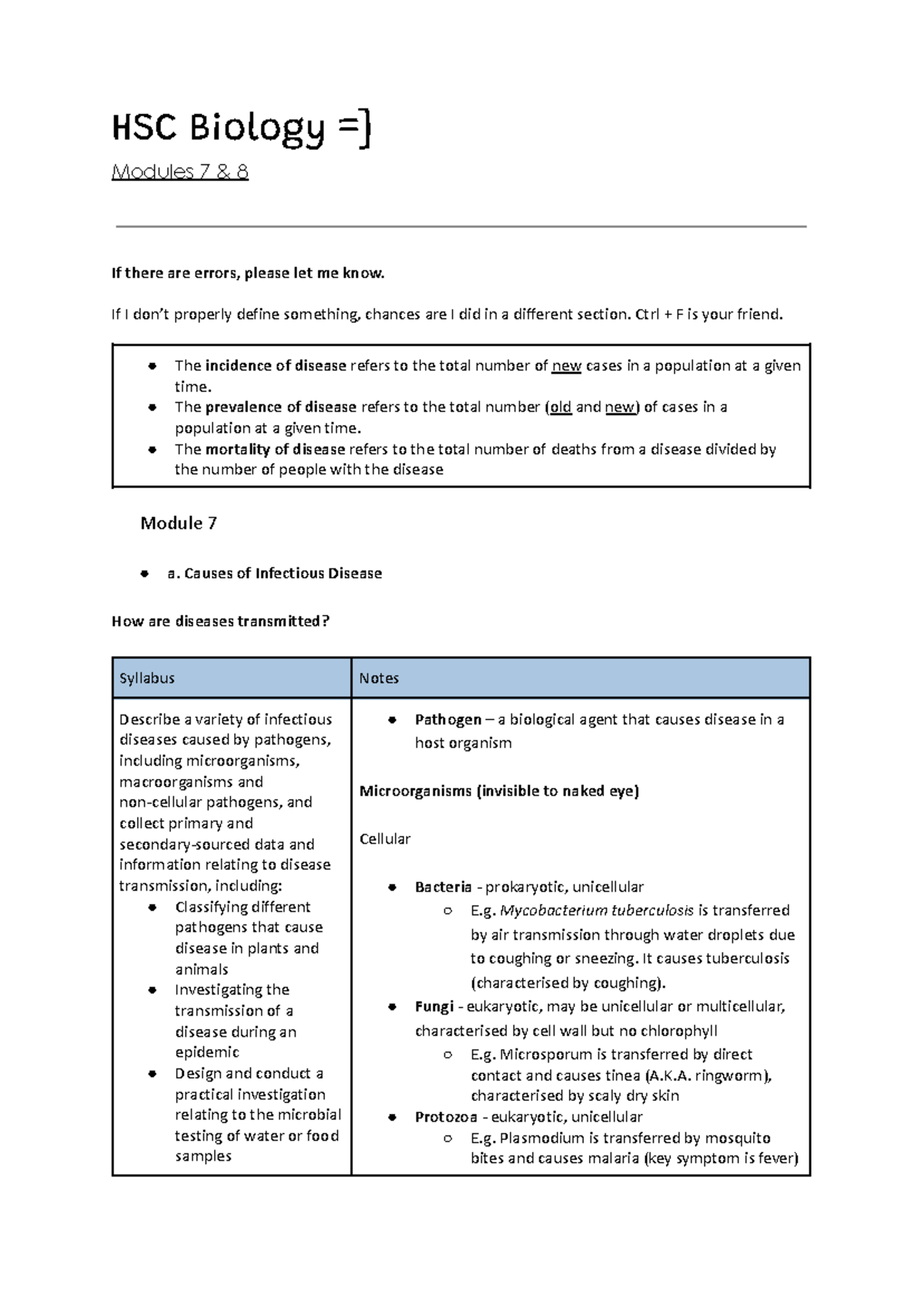HSC Biology Modules 7 & 8: Understanding Infectious Diseases and Immunity - Studocu