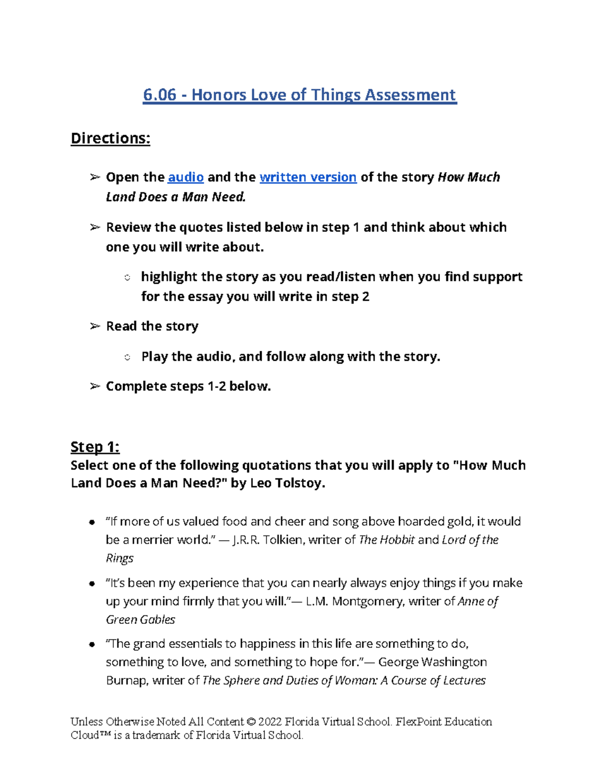 6.06 Honors - Love of Things Essay Template and Assessment Guide - Studocu