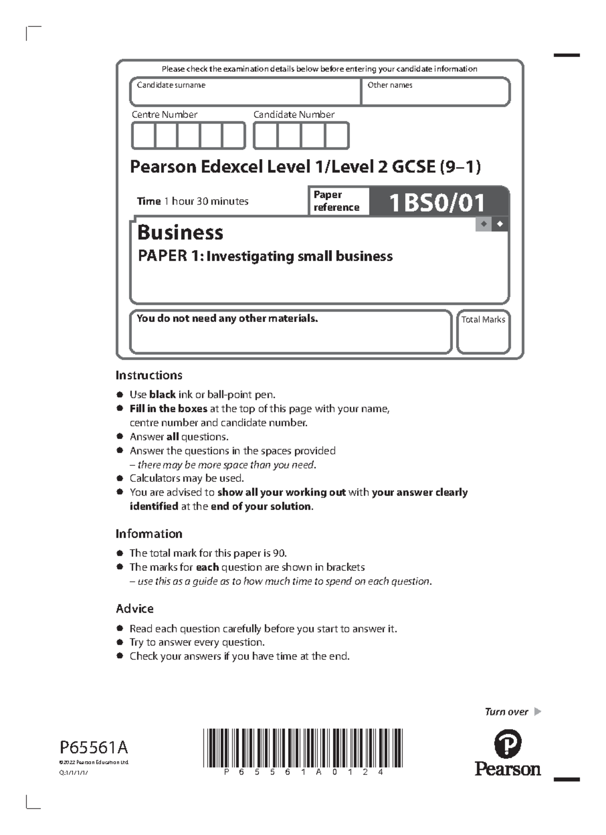 Edexcel GCSE Business (1BS0) June 2022 Paper 1: Investigating Small ...