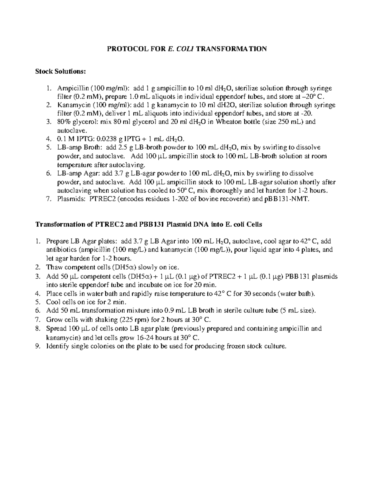 E. coli Transformation Protocol: PTREC2 & PBB131 Plasmids - Studocu