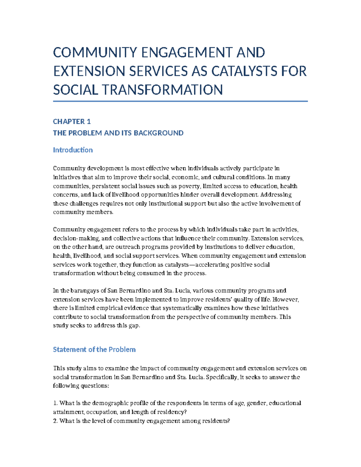 COMMUNITY ENGAGEMENT & EXTENSION SERVICES: CHAPTER 1 ANALYSIS - Studocu
