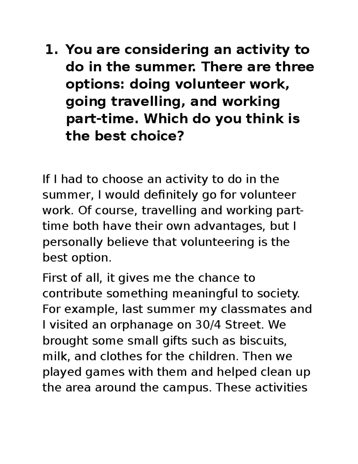 Thi Noi TA SP Part2 - Summer Activity Choices and Reflections - Studocu