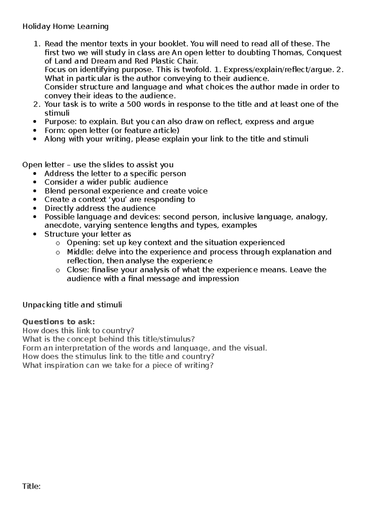 Holiday Home Learning: Analyzing Mentor Texts and Purpose - Studocu