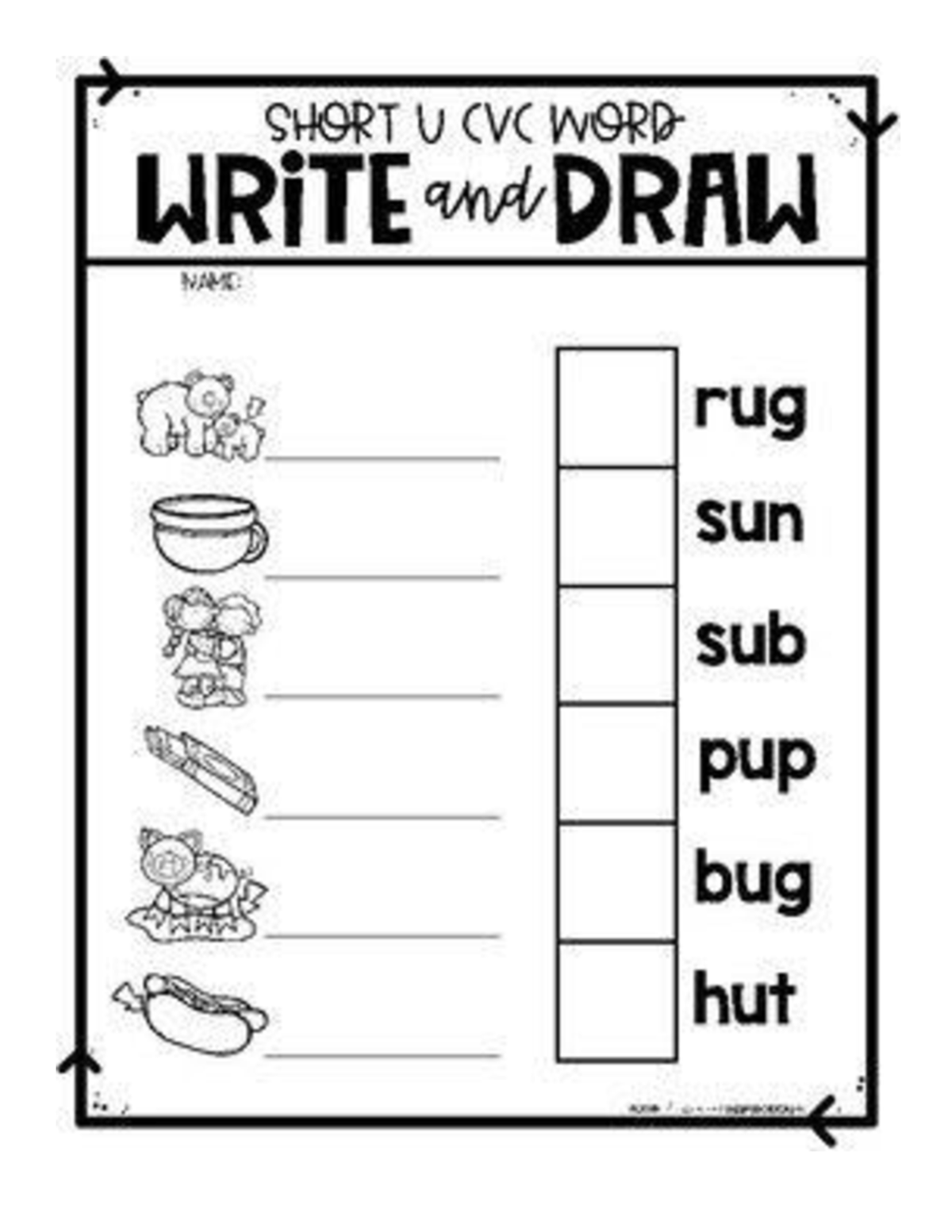 CVC Worksheets - SHORT U CVC WORD WRiTE and DRAW NAME rug sun sub pup ...