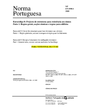 Euro Código 8 - Norma Portuguesa EN 1998- 2010 Eurocódigo 8 – Projecto de estruturas para - Studocu