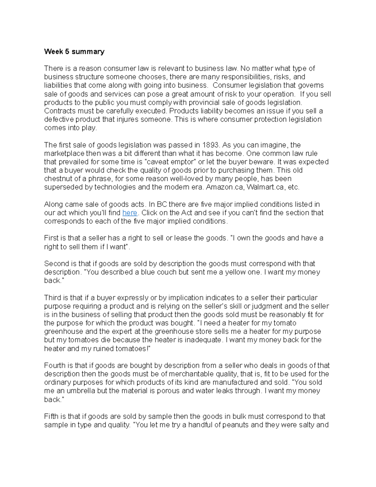 Week 5 summary - Week 5 summary There is a reason consumer law is ...