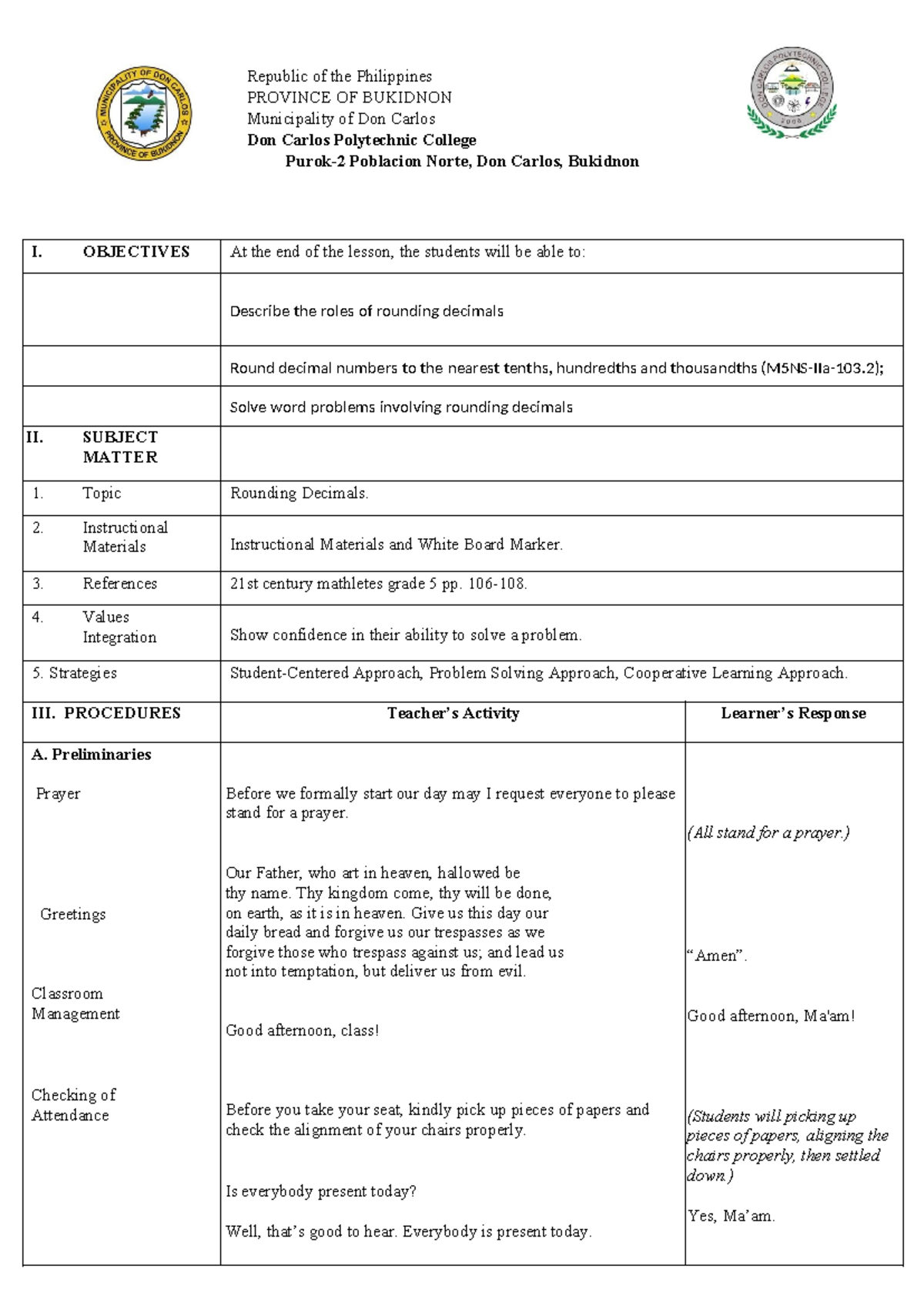 Math Lesson Plan: Rounding Decimals (Andallaza-Nikki 2) - Studocu