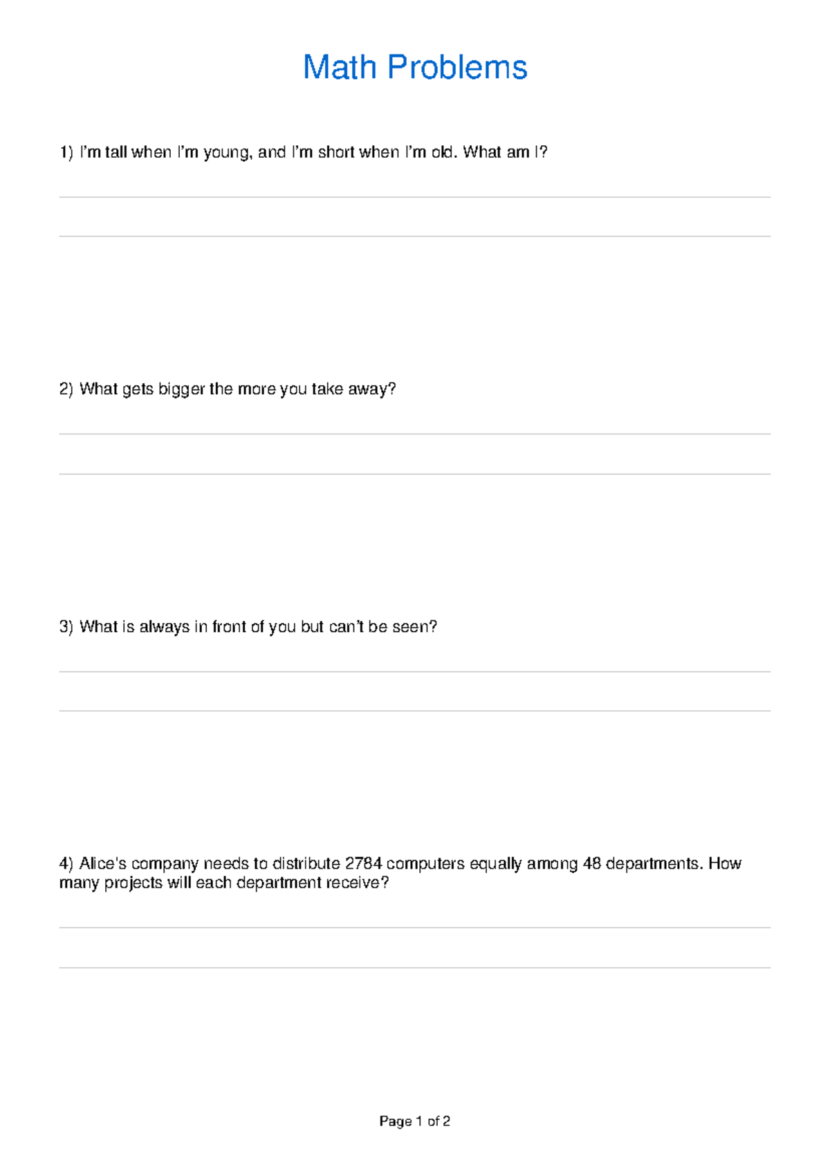 MATH WORD Problems (19): Challenging Riddles & Solutions - Studocu