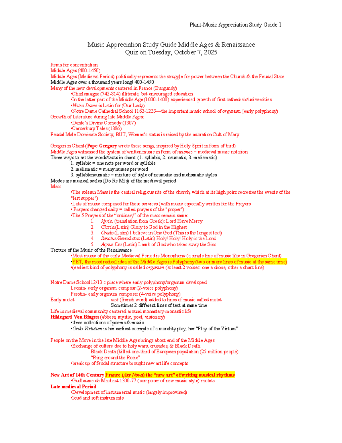 Music Appreciation Study Guide: Medieval & Renaissance Periods Quiz 2 ...