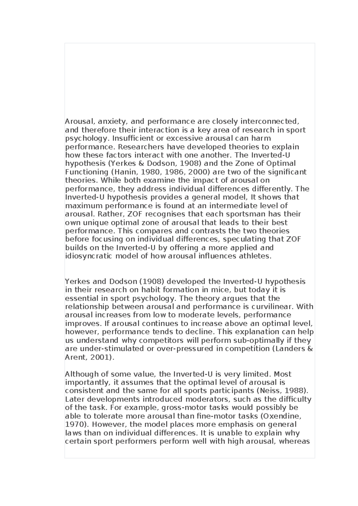 Draft 1: Arousal, Anxiety, and Performance in Sport Psychology (SPEX ...