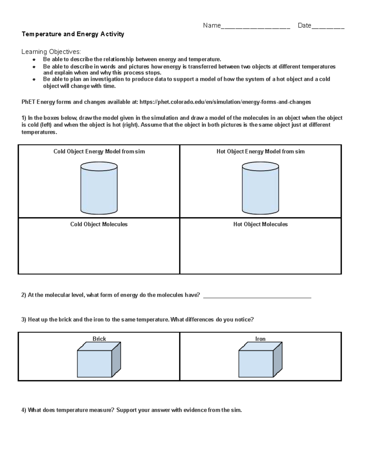 Temperature and Energy: Student Handout for Learning Objectives - Studocu
