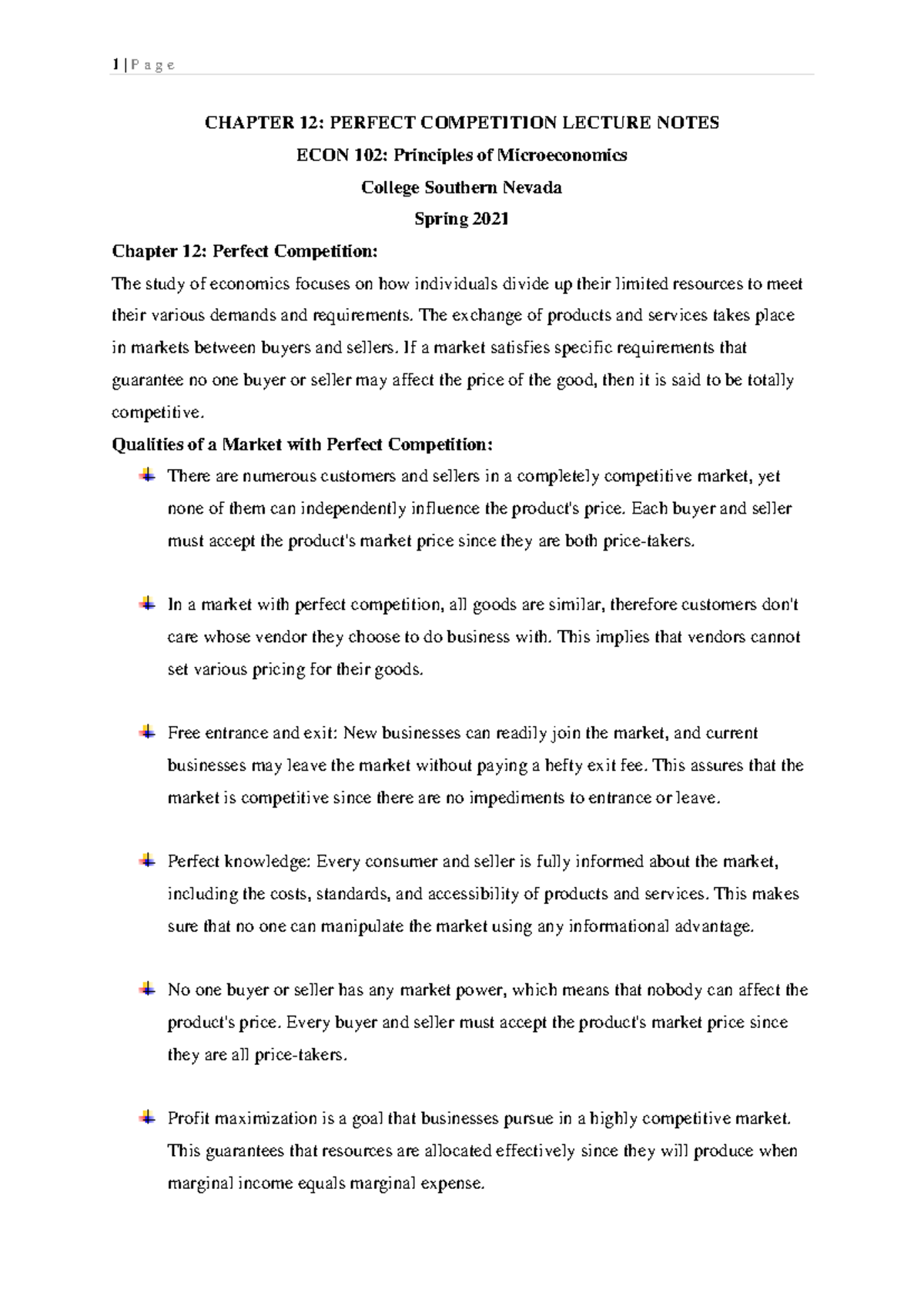 ECON 102 Chapter 12 Lecture Notes: Understanding Perfect Competition ...