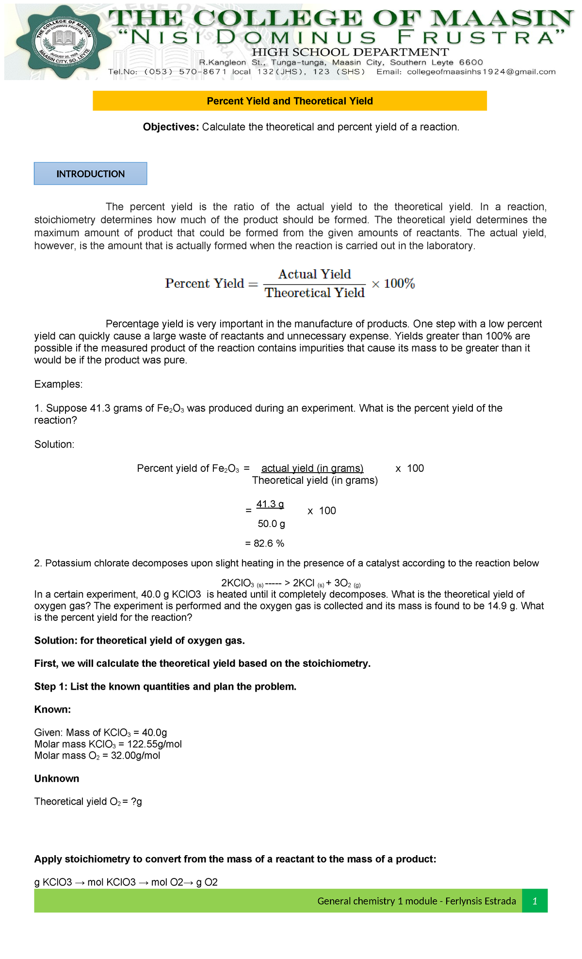 Percent Yield & Theoretical Yield in Chemistry - Study Notes for CHEM ...