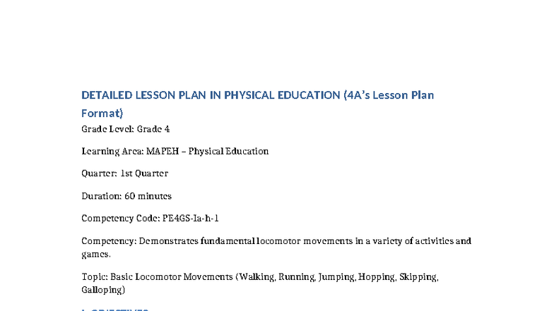 Detailed Lesson Plan: Basic Locomotor Movements (PE 4A) - Studocu