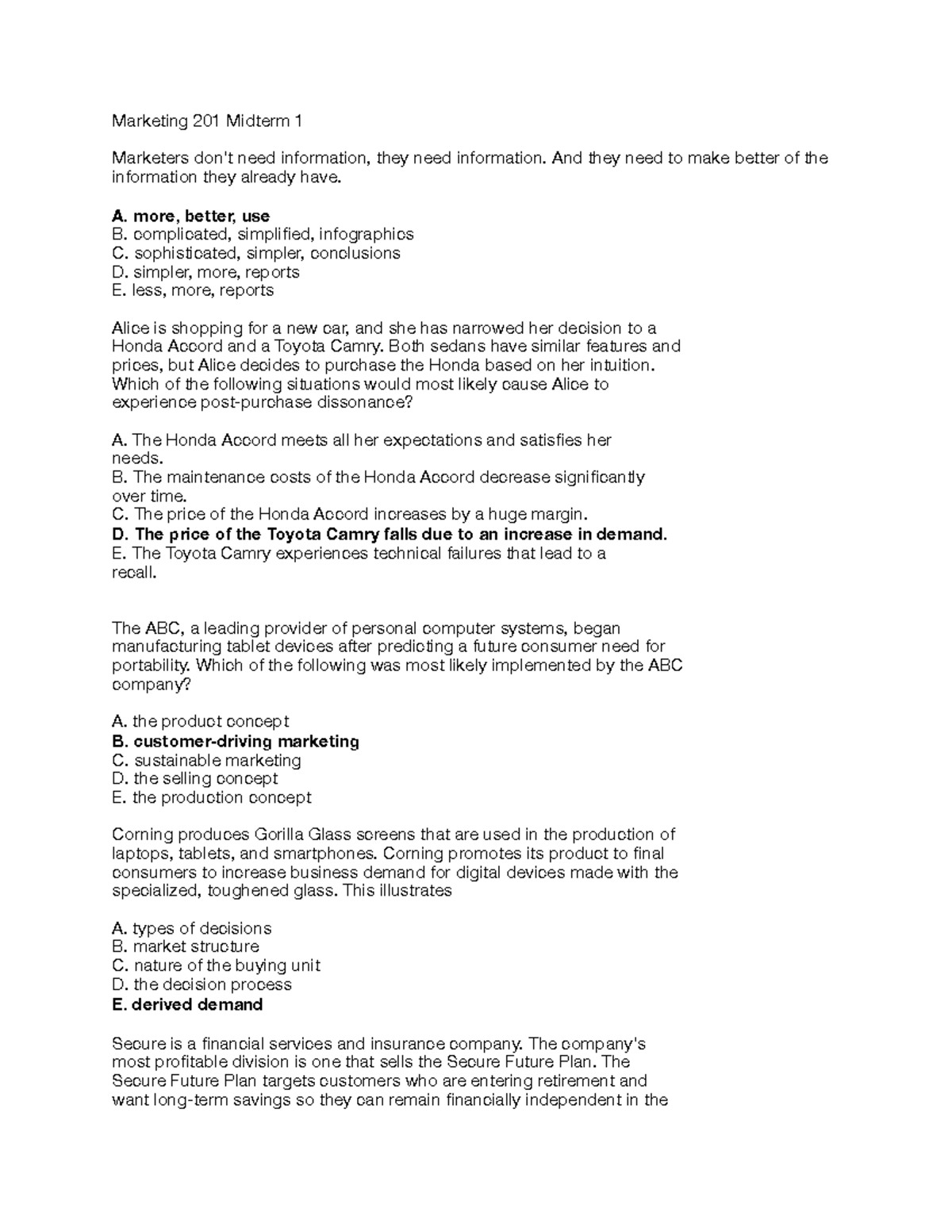 Marketing 201 Midterm Exam: Sample Questions and Concepts - Studocu