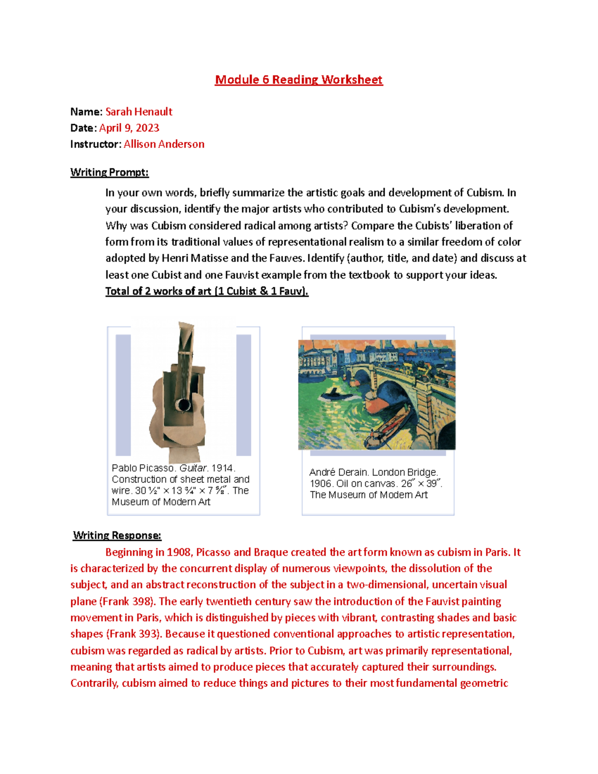 Sarah Henault - Art Appreciation Module 6 Reading Worksheet - Module 6 Reading Worksheet Name ...