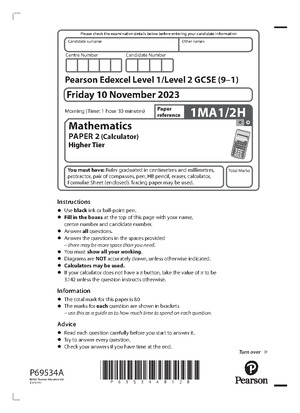 GCSE Maths Practice Test Paper 2H/3H - Set 24 (Calculator) - Studocu