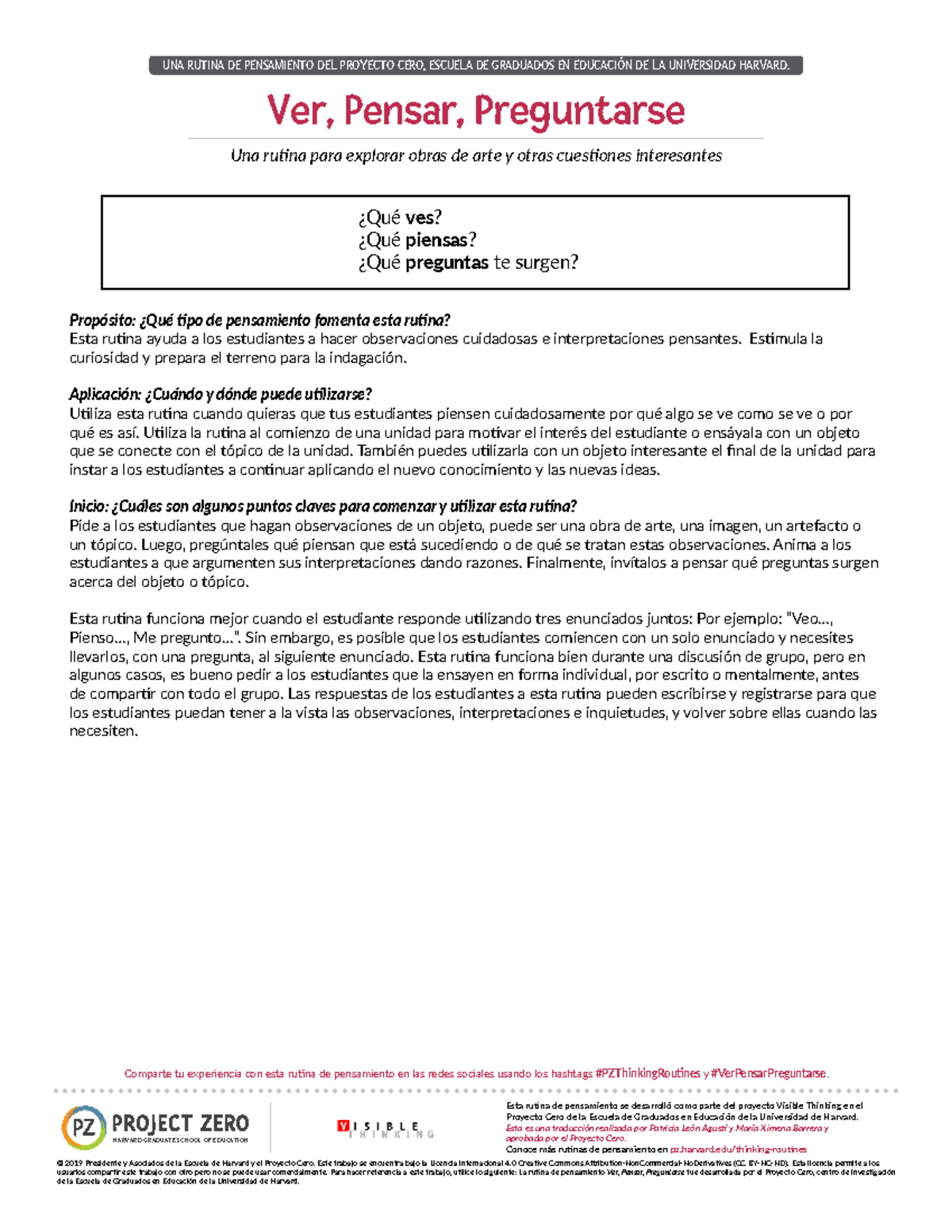 Rutina de Pensamiento: Ver, Pensar, Preguntarse - Proyecto Cero - Studocu