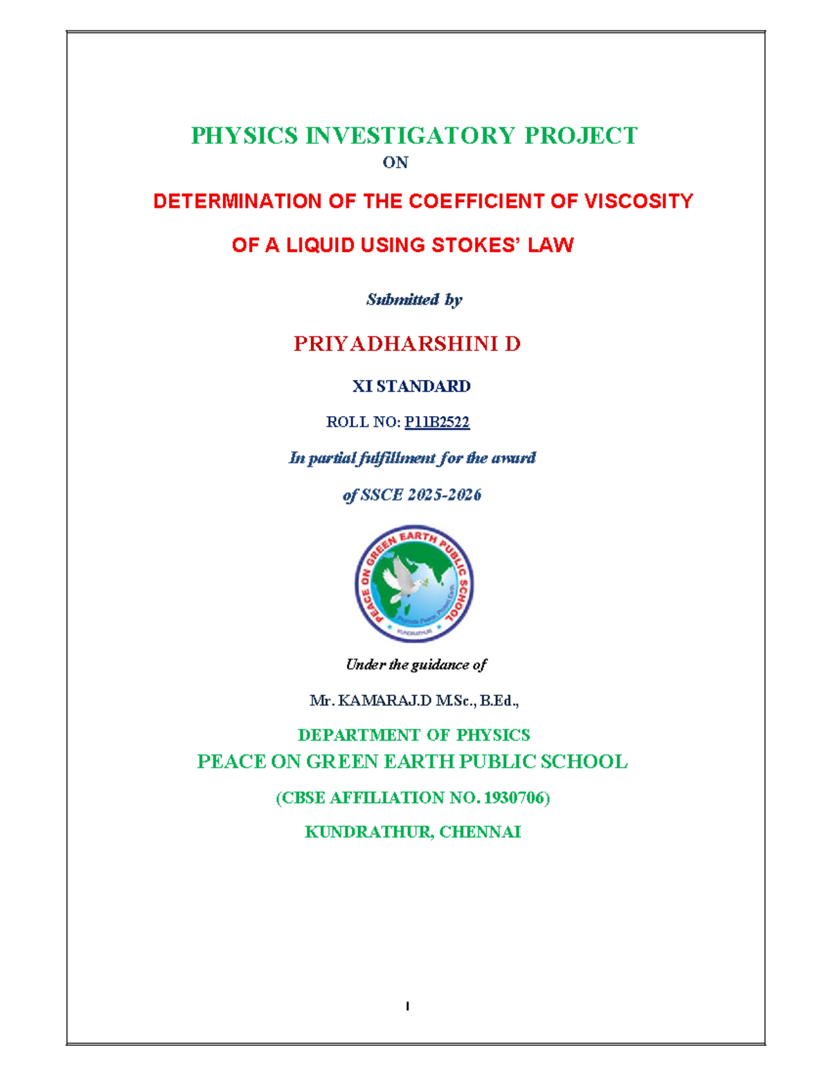 PHYSICS INVESTIGATORY PROJECT: COEFFICIENT OF VISCOSITY (XI) - Studocu