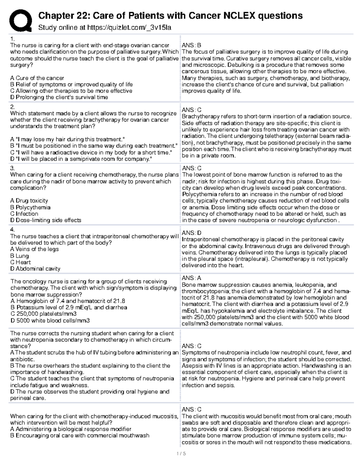 Chapter 22: NCLEX Questions on Care for Cancer Patients - Studocu