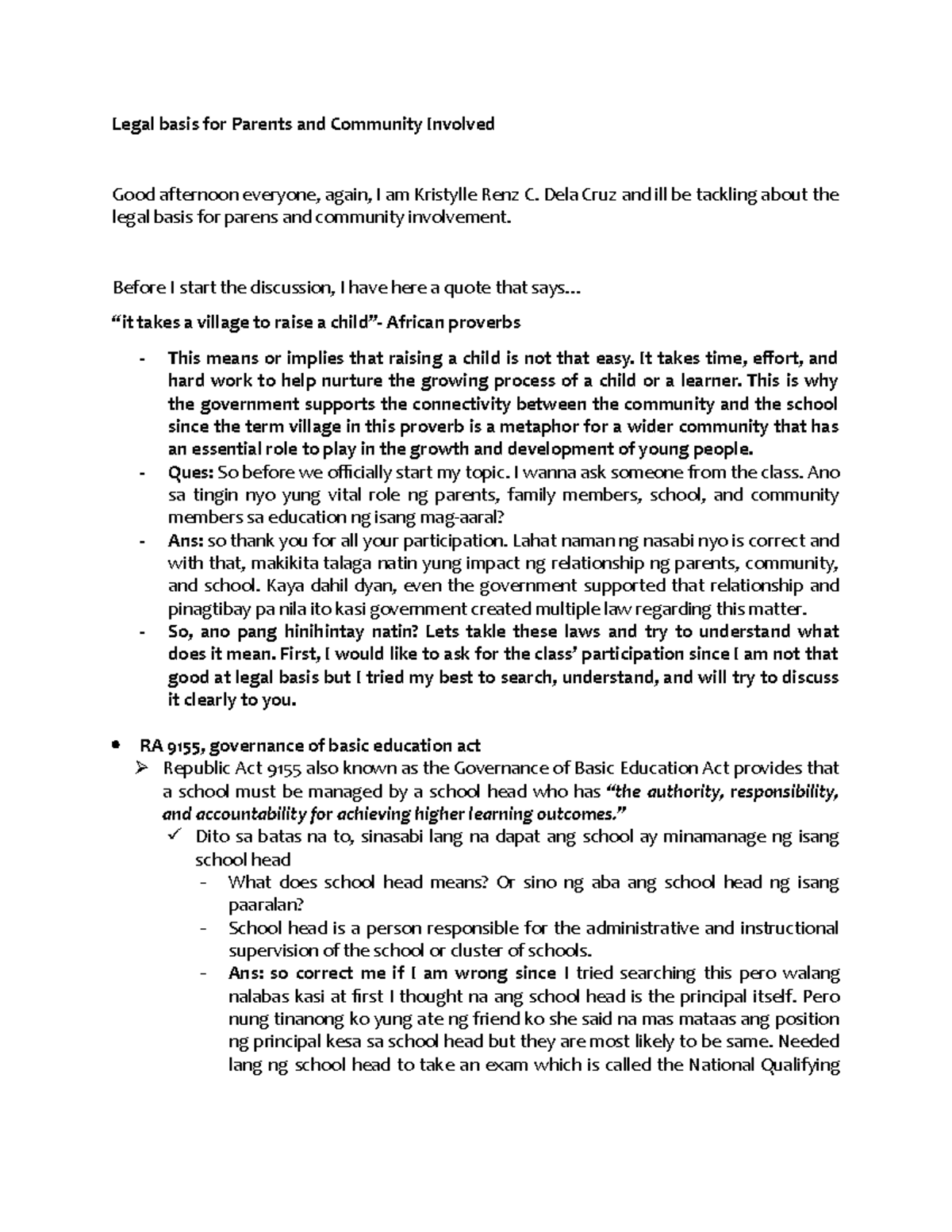 Legal basis for Parents and Community Involved - Dela Cruz and ill be ...