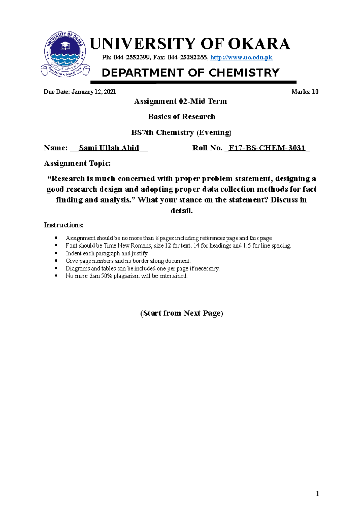 Midterm Assignment BS7th-Chemistry: Research Problem Statements ...