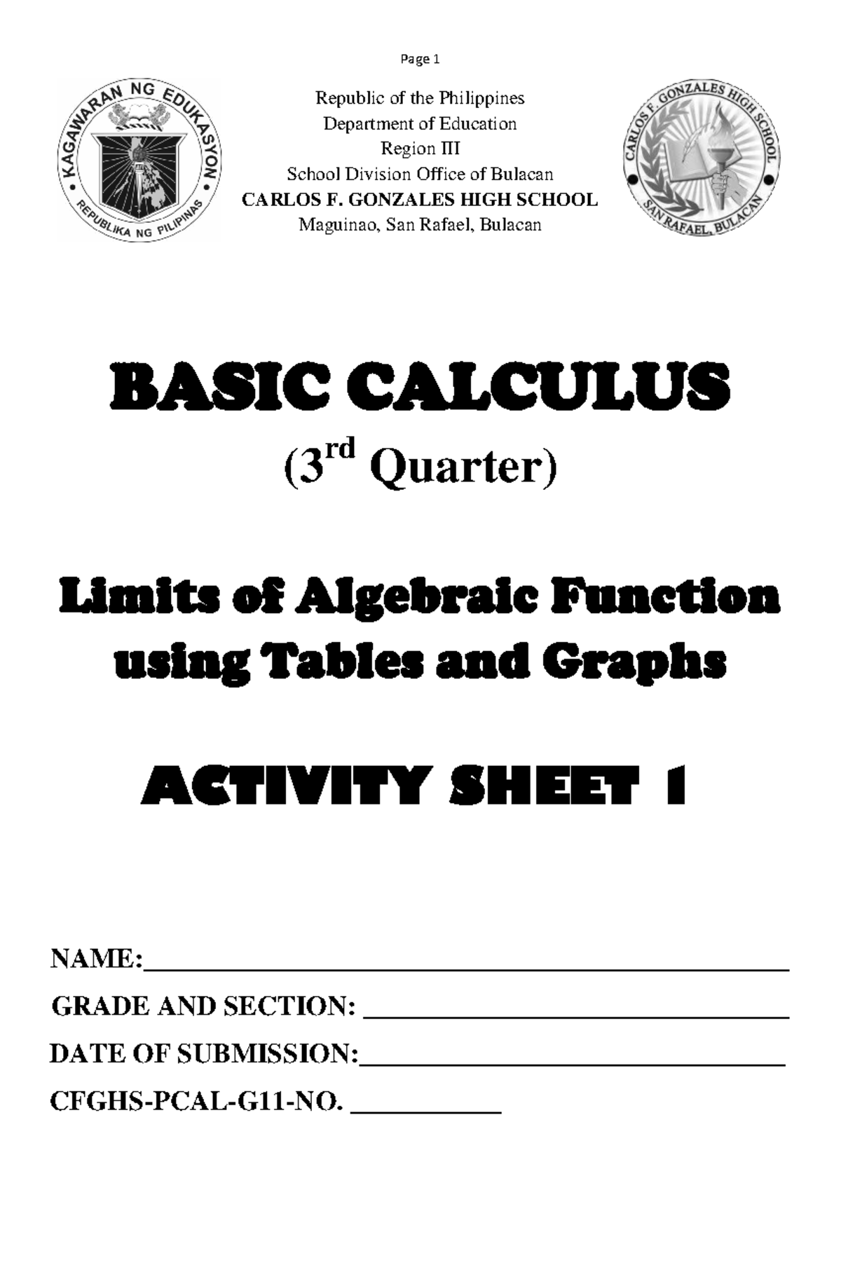 Activity Sheet: Basic Calculus (3rd Quarter) - Limits of Functions ...
