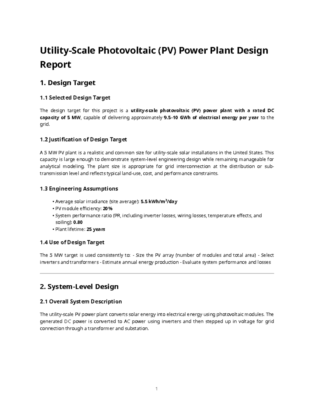 Utility-Scale PV Power Plant Design Report: 5 MW Capacity Analysis ...