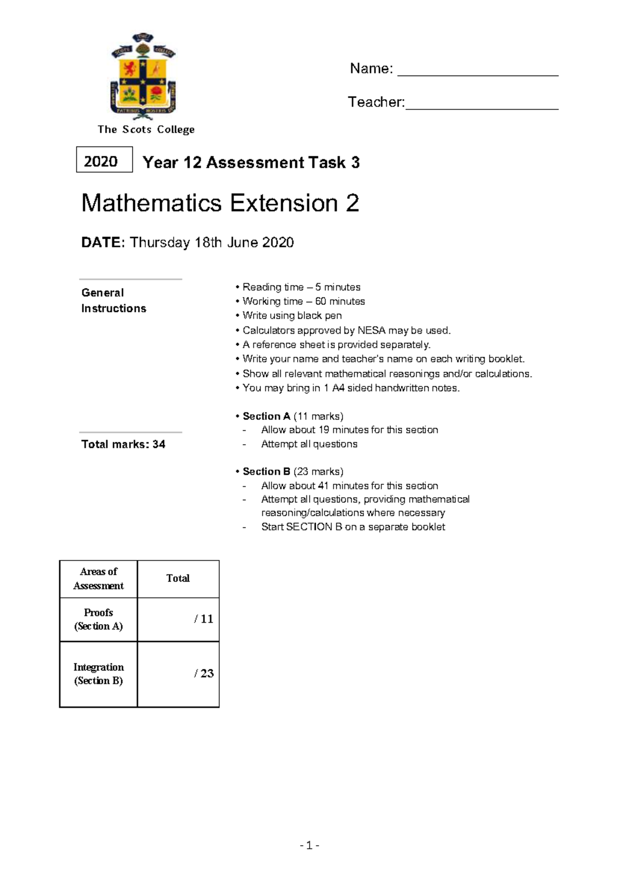 2020 Year 12 Mathematics Extension 2 Task 3 Assessment - Studocu