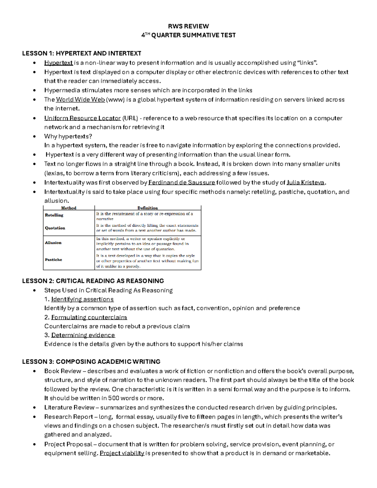 RWS 4TH QTR SUMMATIVE REVIEW: HYPERTEXT, READING & WRITING - Studocu
