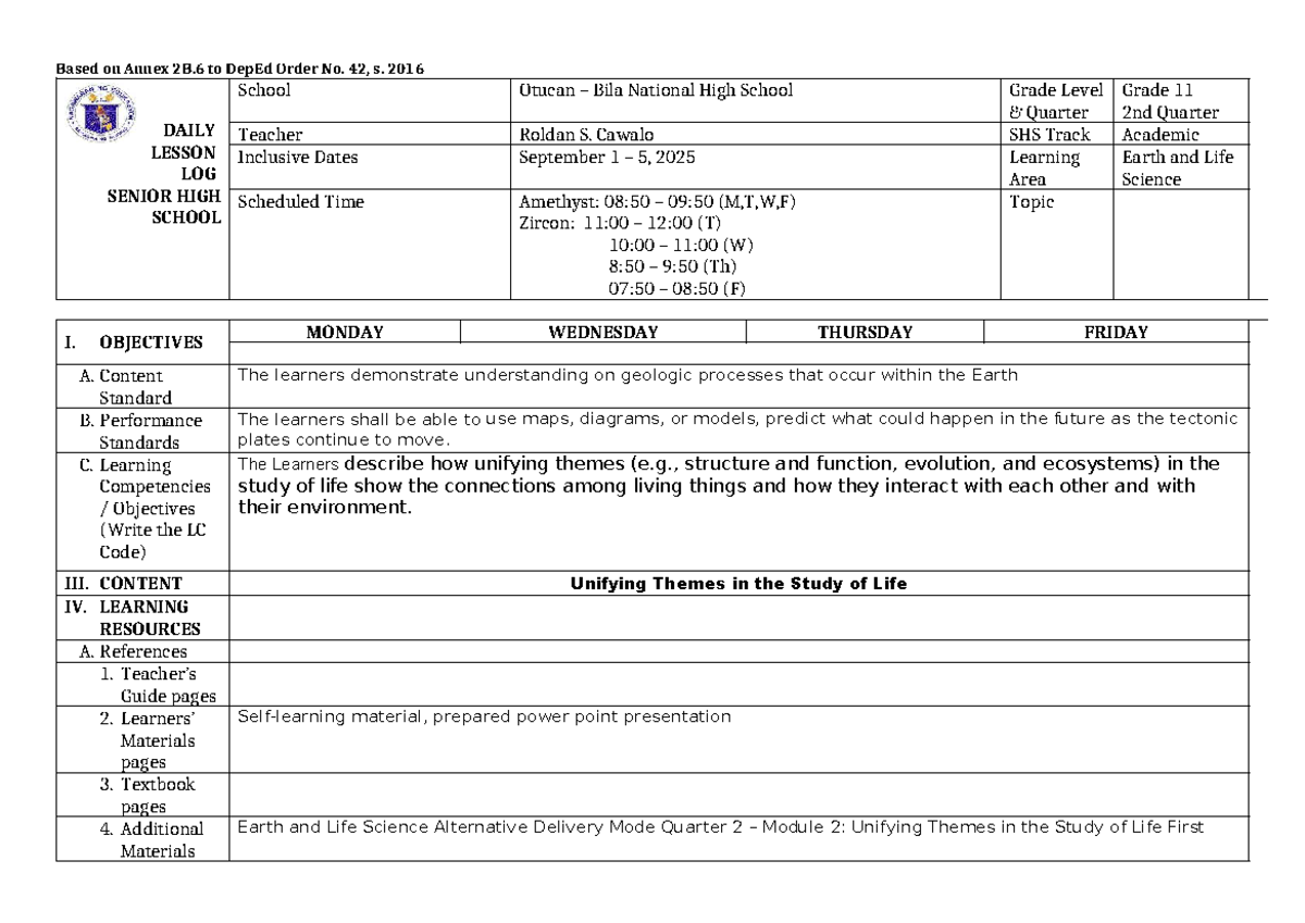 SHS 2nd Quarter Daily Lesson Log: Earth and Life Science (Sept 1-5 ...