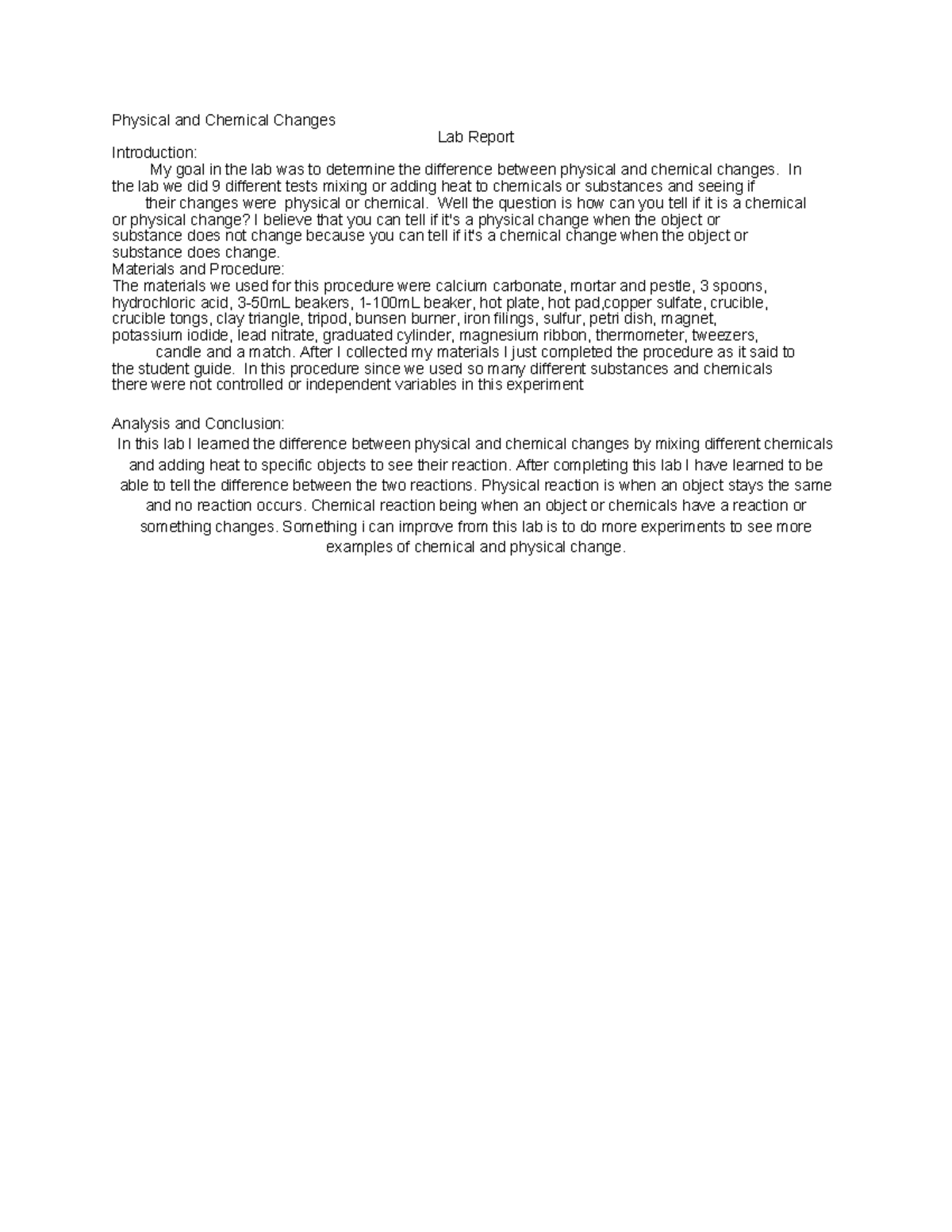 Lab Report: Physical and Chemical Changes (CHEM 101) - Studocu