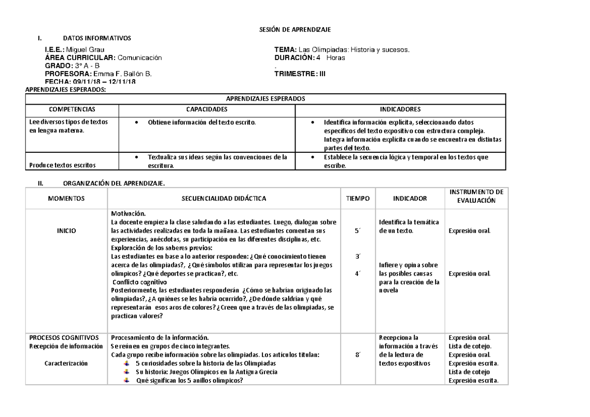 Sesion-de-aprendizaje-olimpiadas SEC Comuni - SESI”N DE APRENDIZAJE I. DATOS INFORMATIVOS - Studocu