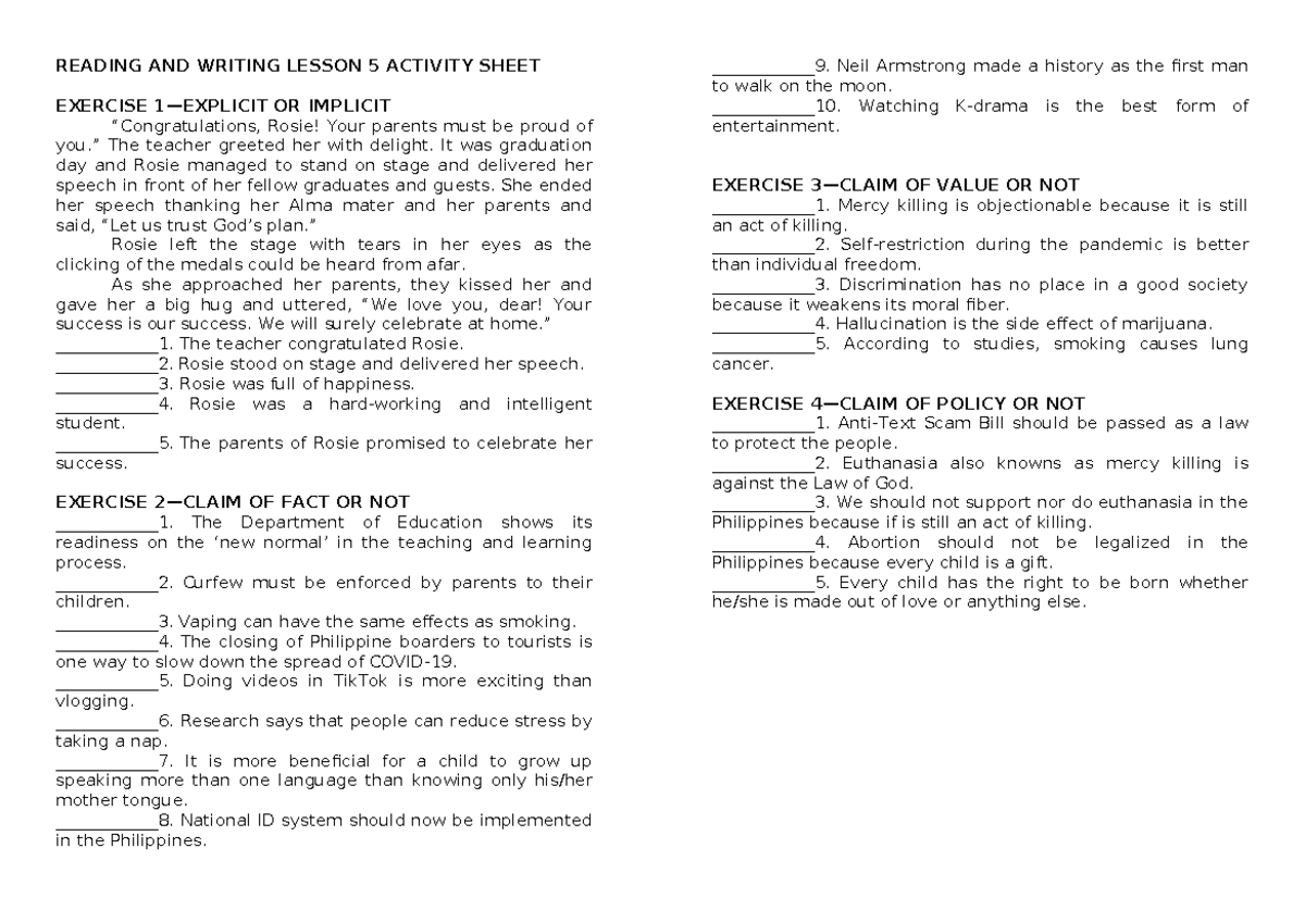 Reading AND Writing Lesson 5 Activity Sheet - READING AND WRITING ...