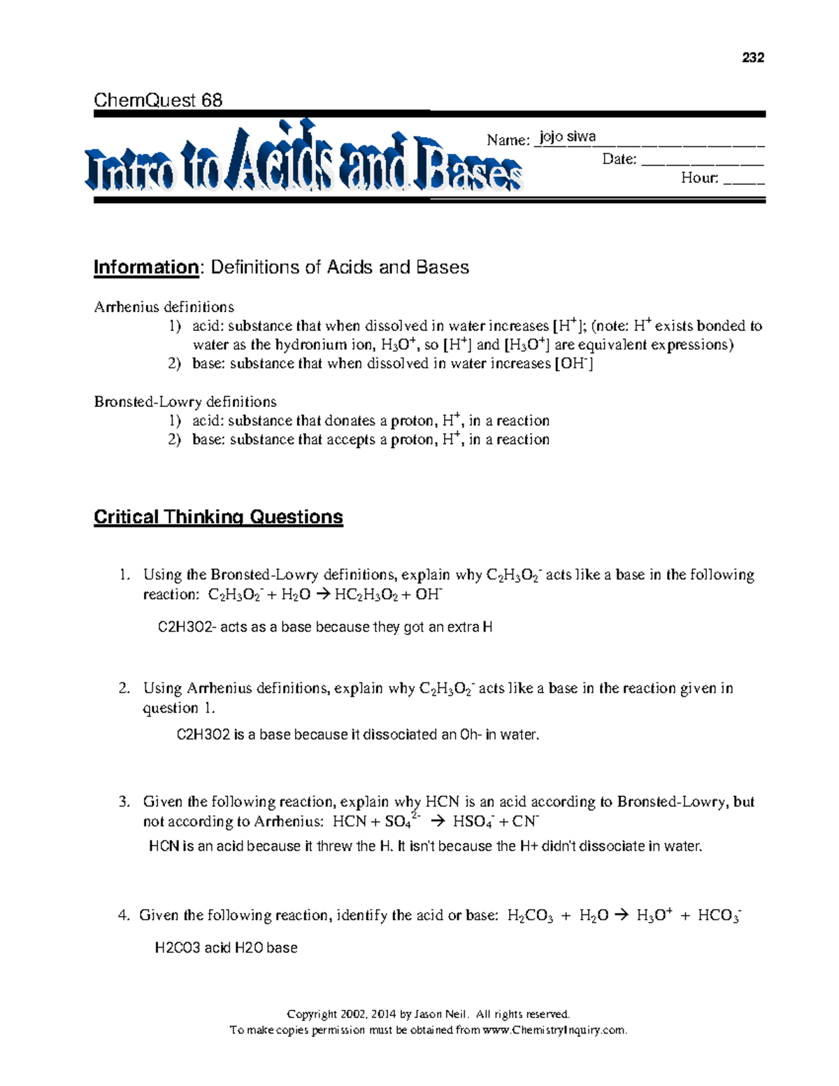 ChemQuest 68 - Intro to Acids & Bases Study Guide for CHEM 101 - Studocu