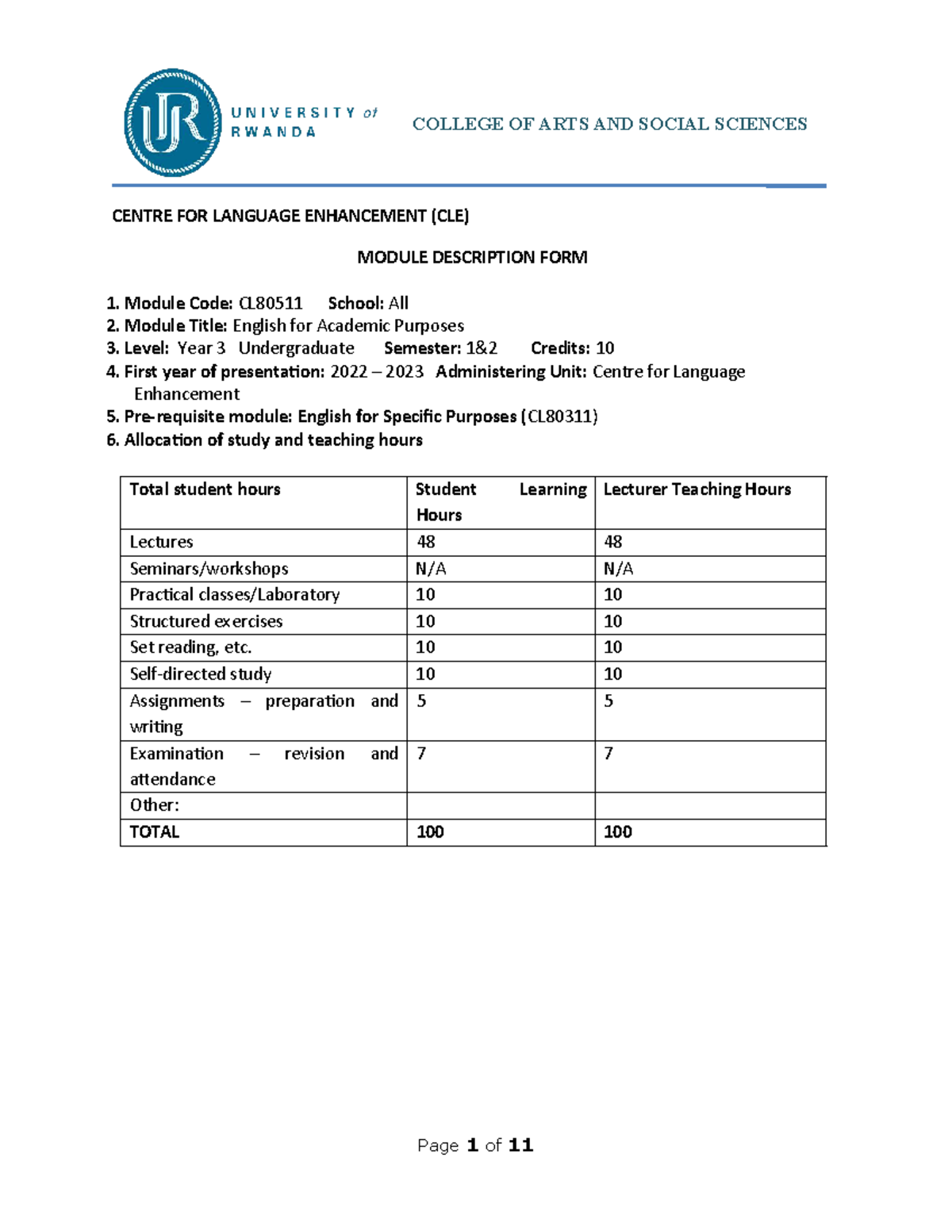 Revised Module Description for EAP CL80511 - Academic English Skills ...