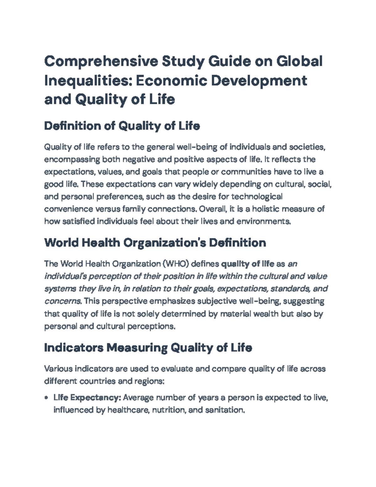 Comprehensive Study Guide: Economic Development & Global Inequalities ...