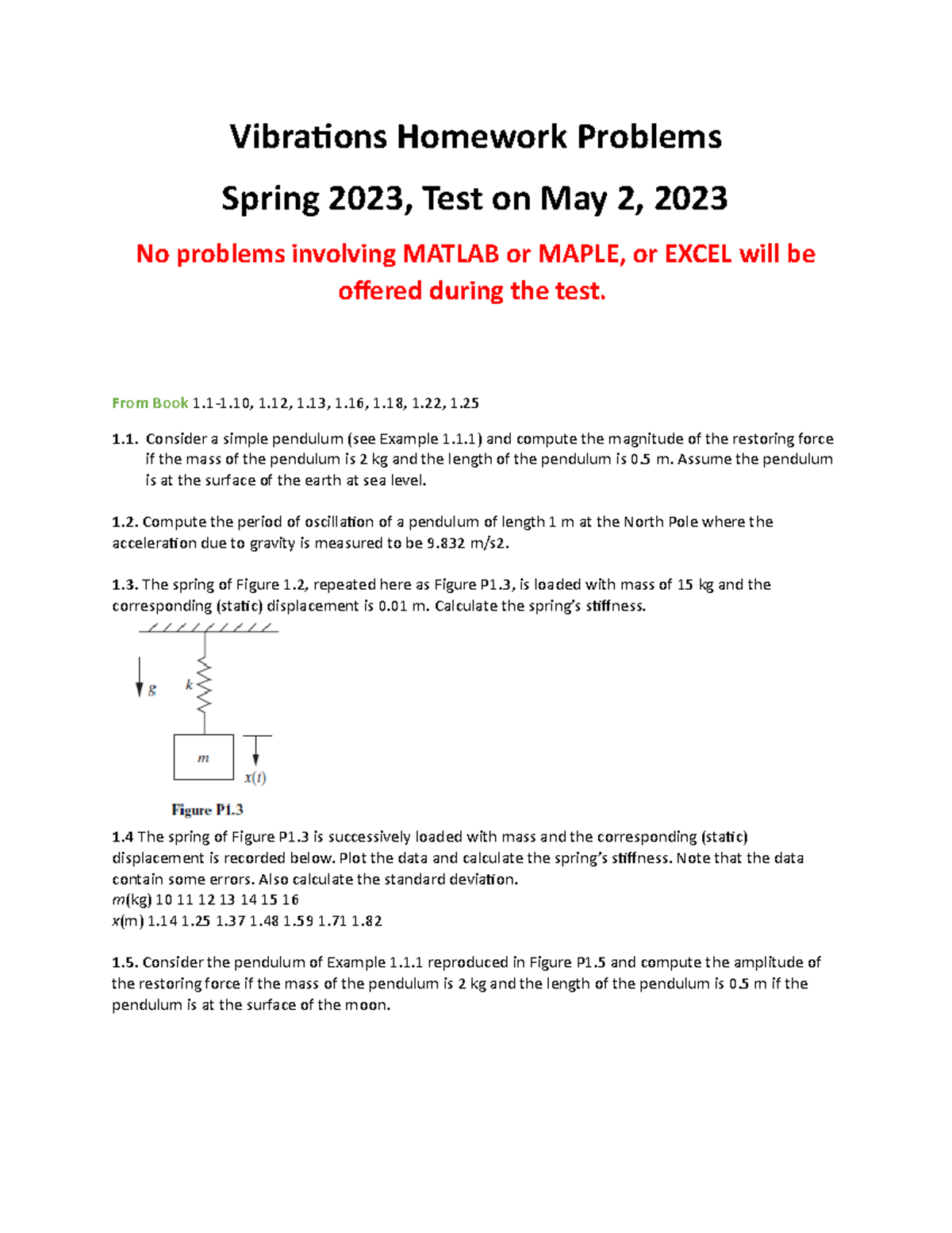 Spring 2023 Vibrations Homework Vibrations Homework Problems Spring 2023 Test On May 2 2023