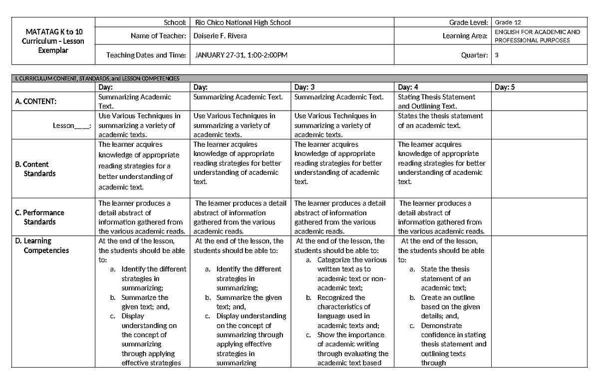 DLP EAPP - Week 3 Lesson Exemplar: Summarizing Academic Texts - Studocu
