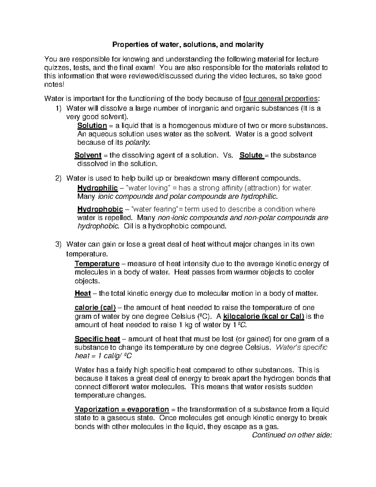 Properties of Water, Solutions, and Molarity for Final Exam Prep ...
