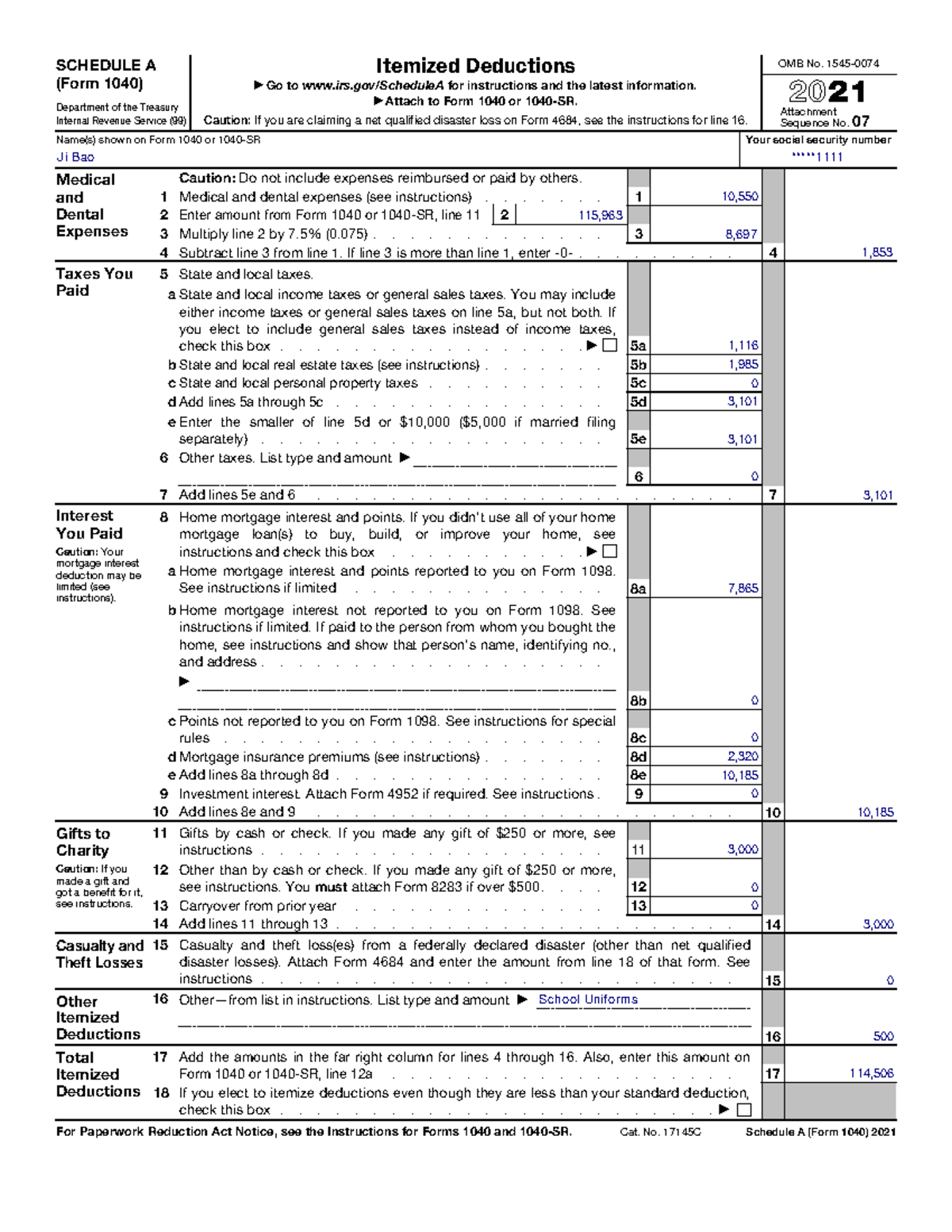 2021 Form 1040 Schedule A: Itemized Deductions Overview - Studocu