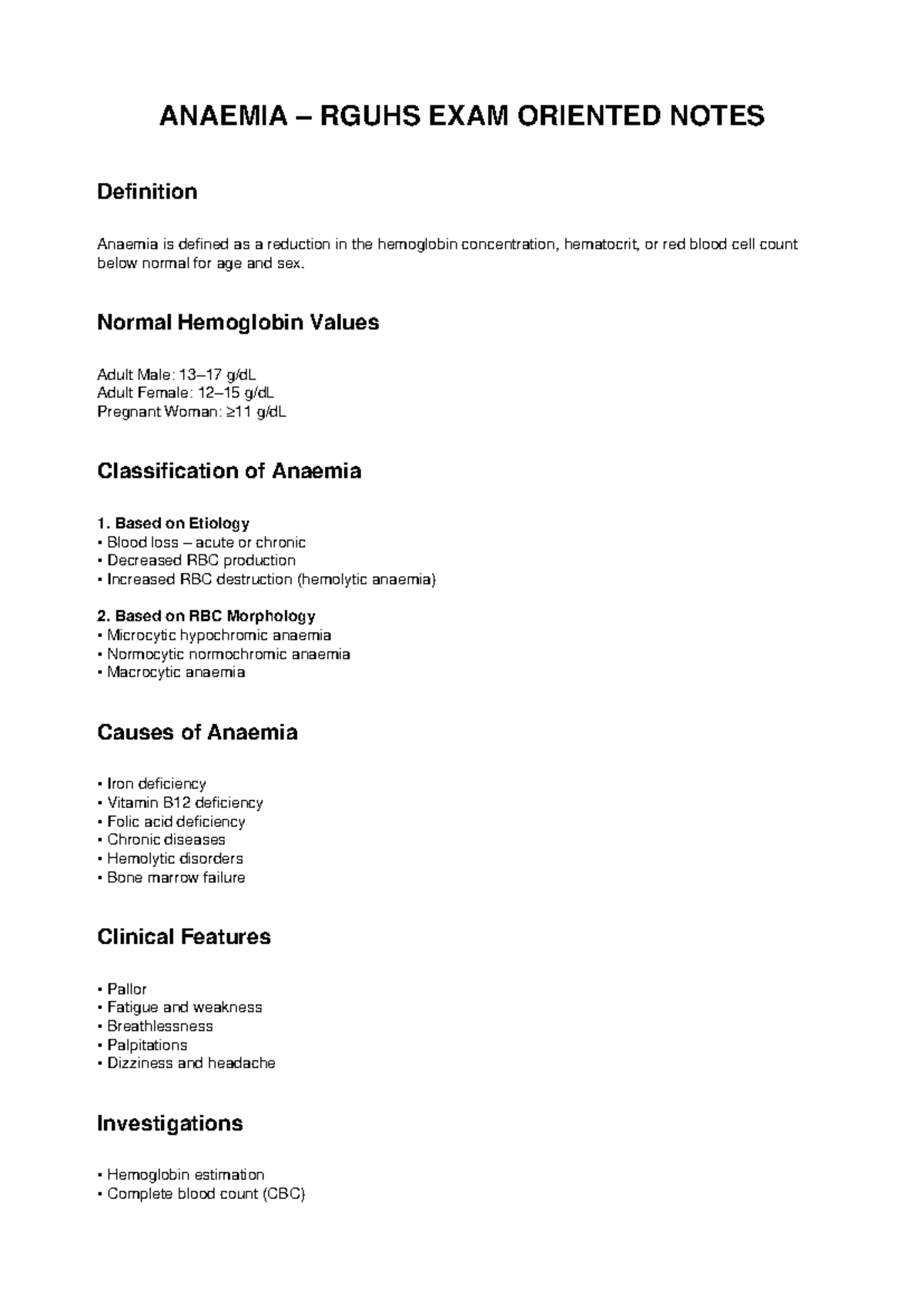 Anaemia RGUHS Exam-Oriented Notes: Definition & Classification - Studocu