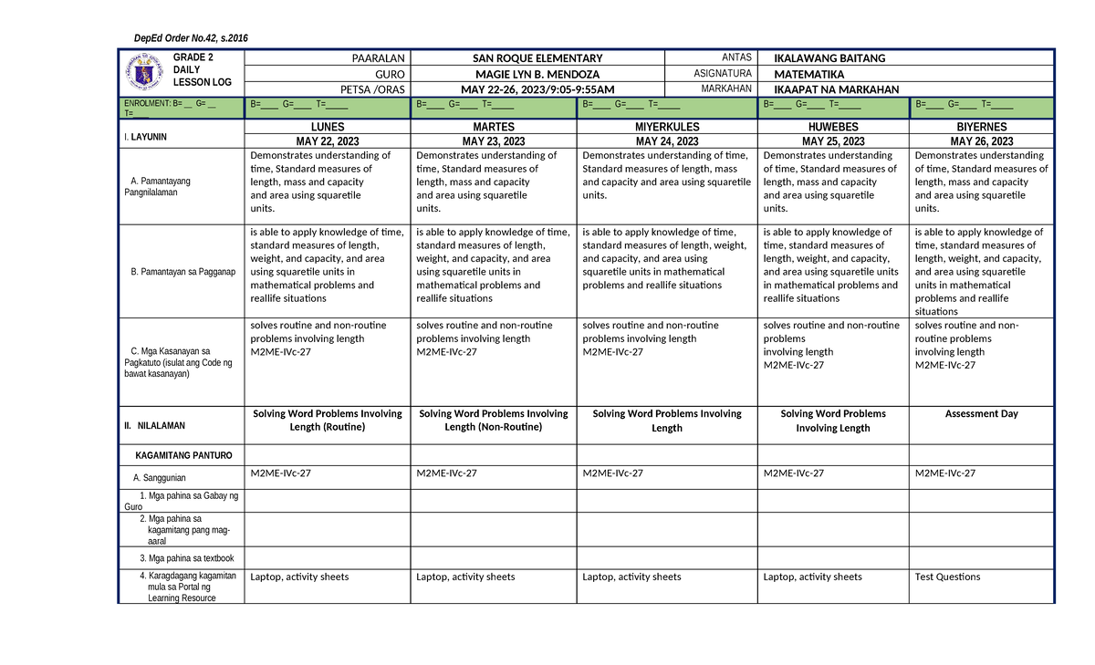 DLL MATH-2 Week4 Q4 - GRADE 2 DAILY LESSON LOG PAARALAN SAN ROQUE ELEMENTARY ANTAS IKALAWANG ...