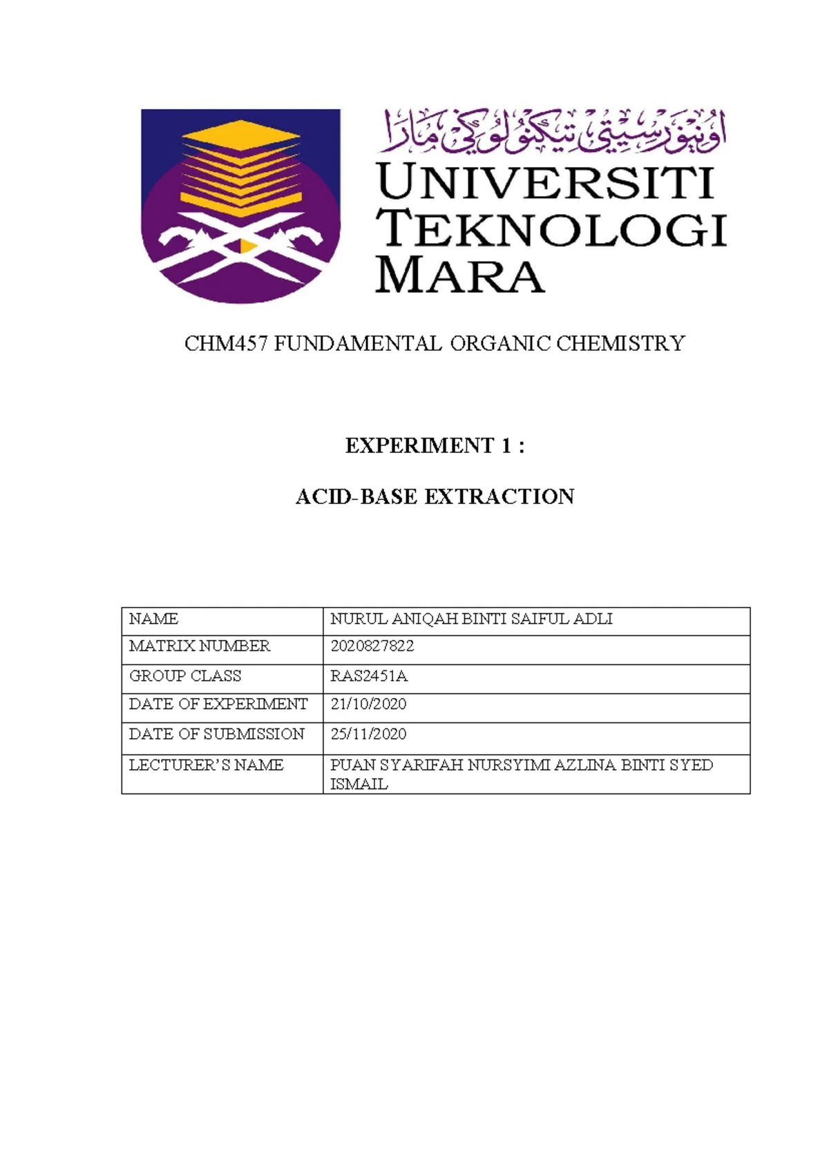 CHM432 Lab Report on Eutectic System: Analysis and Results - Studocu