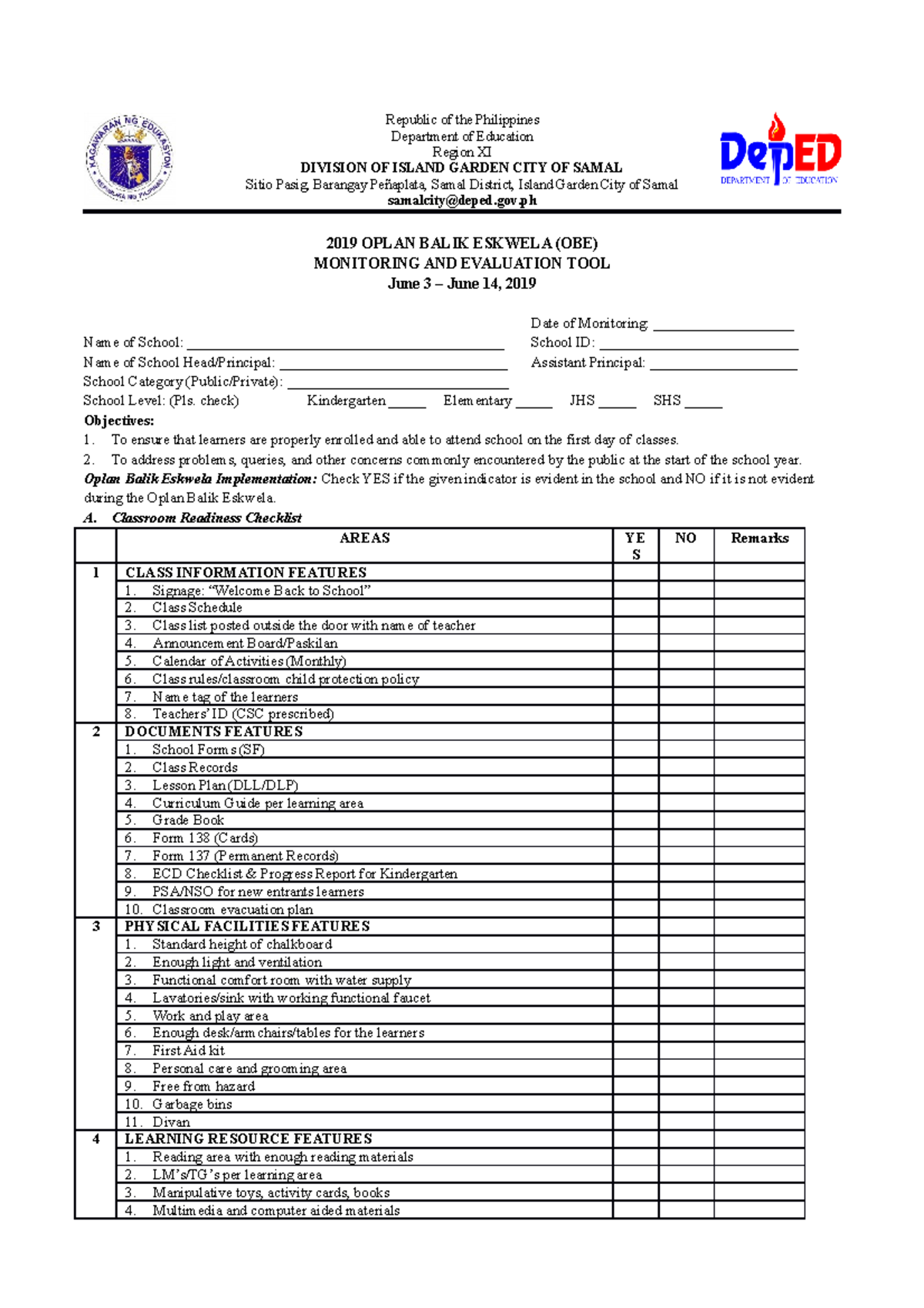 413137219-2019 Oplan Balik Eskwela Monitoring & Evaluation Tool - Studocu