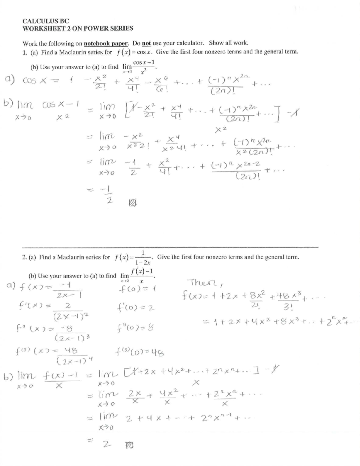 CALCULUS BC WS 2: Power Series & Maclaurin Series Problems - Studocu