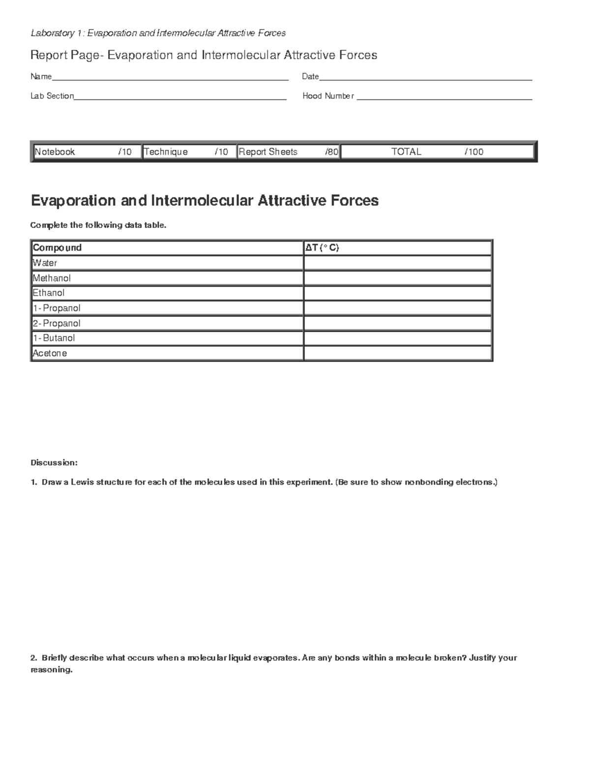 Lab 1 Report: Evaporation & Intermolecular Forces Analysis - Studocu