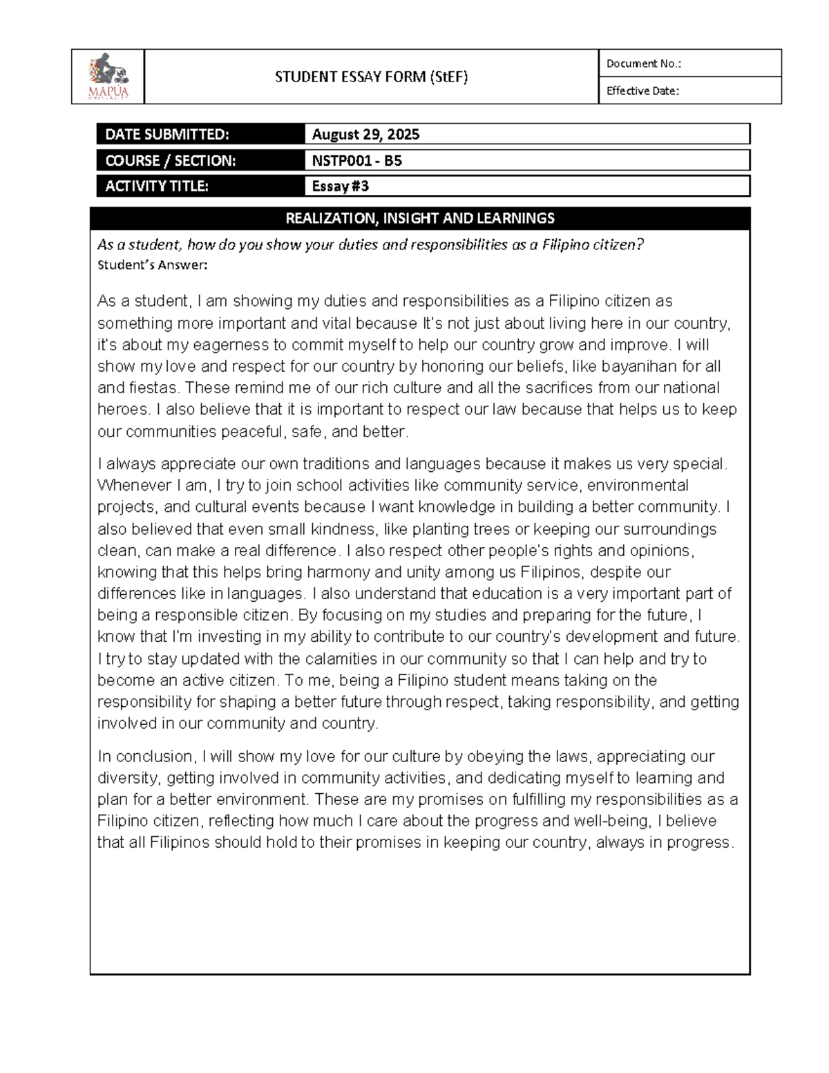 NSTP001 B5 Essay: Realization, Insight, and Responsibilities as a ...