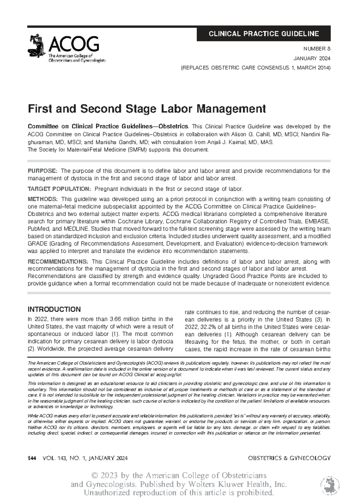ACOG CPG No. 8: First and Second Stage Labor Management Guidelines 2024 ...